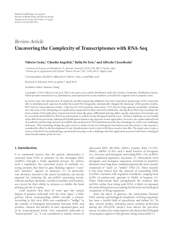 (PDF) Uncovering the Complexity of Transcriptomes with RNA-Seq | Alfredo Ciccodicola and italia ...