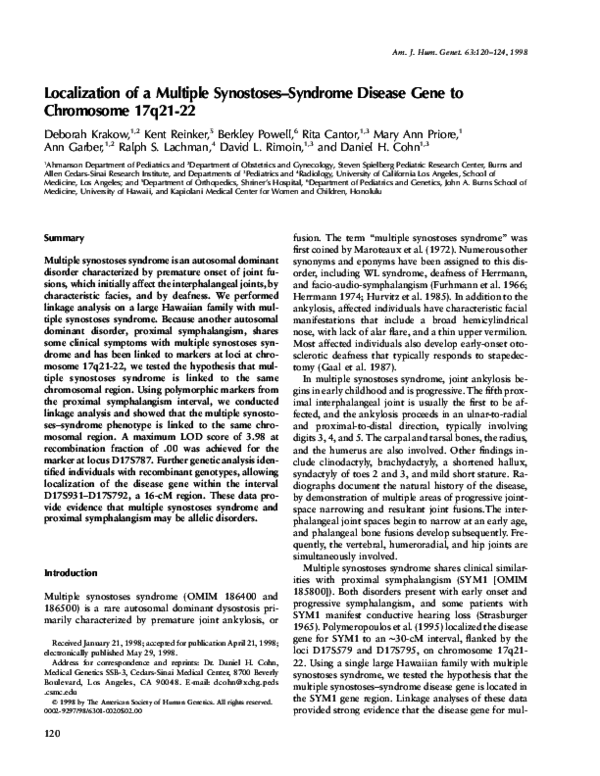 (PDF) Localization of a Multiple Synostoses–Syndrome Disease Gene to ...