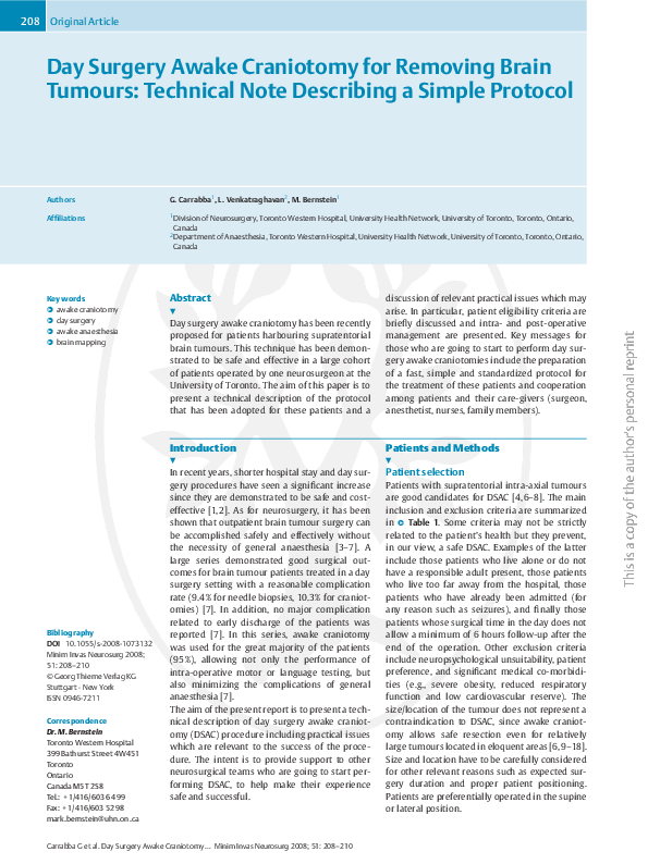 (PDF) Day Surgery Awake Craniotomy for Removing Brain Tumours: Technical Note Describing a ...