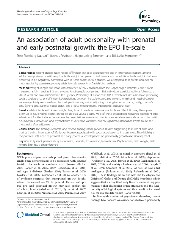 (PDF) An association of adult personality with prenatal and early ...