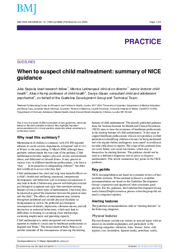 (PDF) When to suspect child maltreatment: summary of NICE guidance