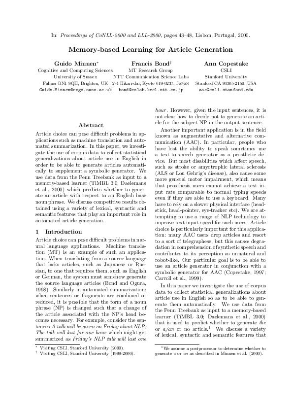 (PDF) Memory-based learning for article generation | Ann Copestake ...