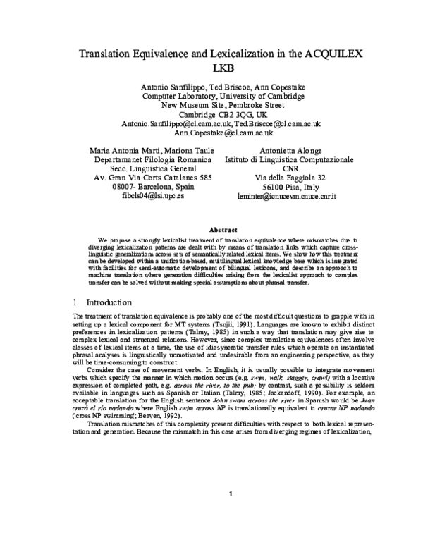 (PDF) Translation equivalence and lexicalization in the ACQUILEX LKB