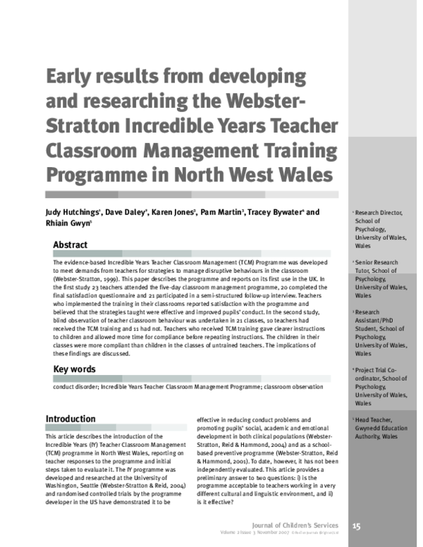 (PDF) Taking the Incredible Years Child and Teacher Programs to Scale ...