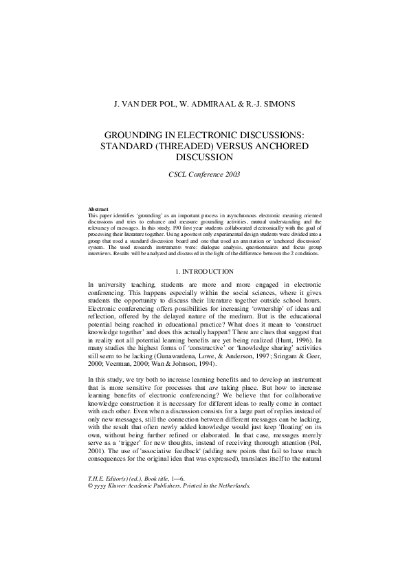 (PDF) Grounding in electronic discussions: standard (threaded) versus ...