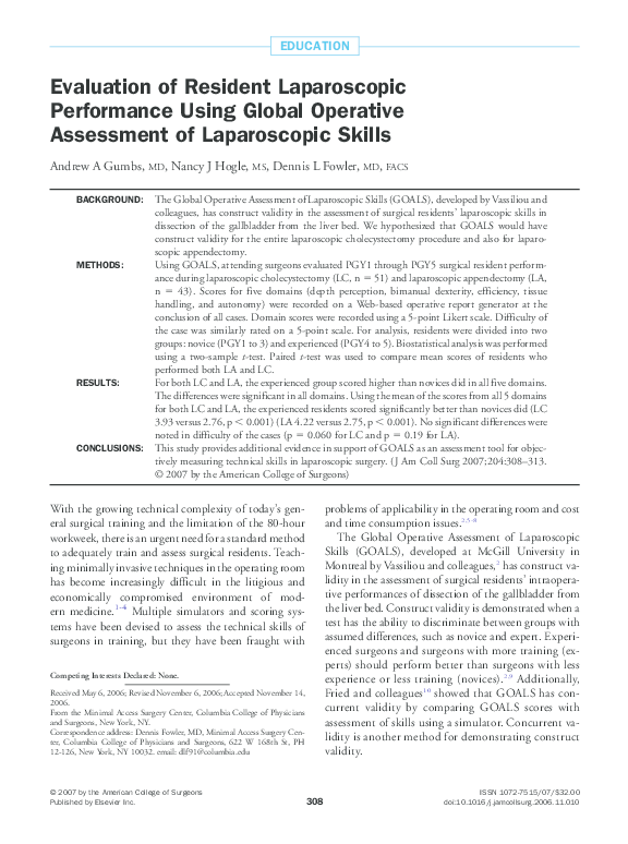 (PDF) Evaluation of Resident Laparoscopic Performance Using Global Operative Assessment of ...