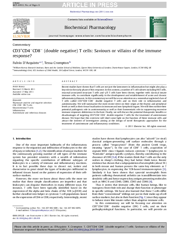Pdf Cd3 Cd4􏰀cd8􏰀 Double Negative T Cells Saviours Or Villains Of