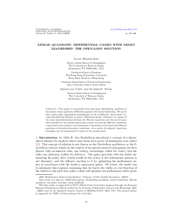 Pdf Linear Quadratic Differential Games With Mixed Leadership The Open Loop Solution Suresh