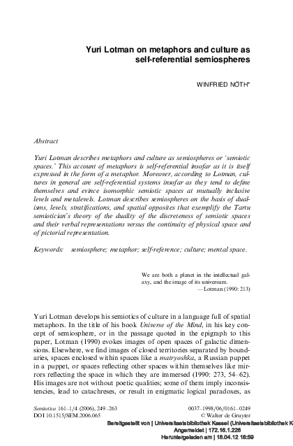 (PDF) Yuri Lotman on metaphors and culture as self-referential semiospheres