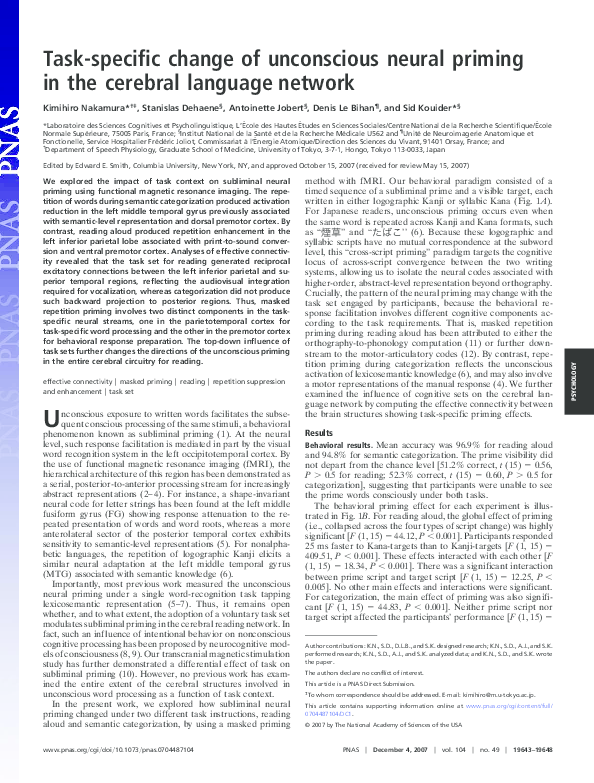 (PDF) Task-specific change of unconscious neural priming in the cerebral language network