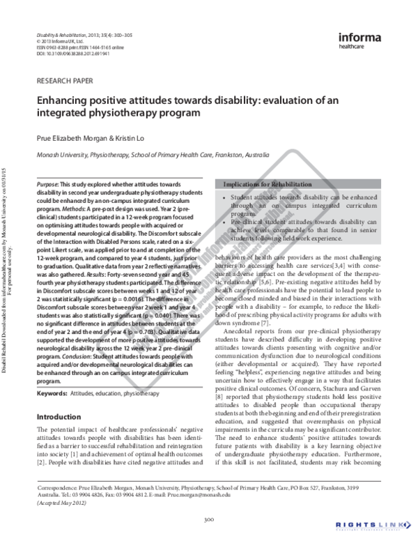 (PDF) Enhancing positive attitudes towards disability: evaluation of an ...