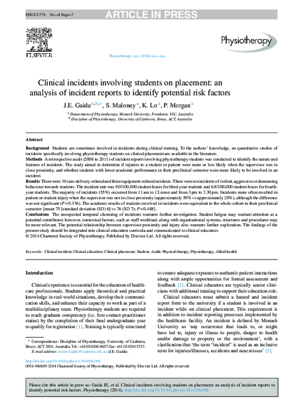 (PDF) Clinical incidents involving students on placement: an analysis ...