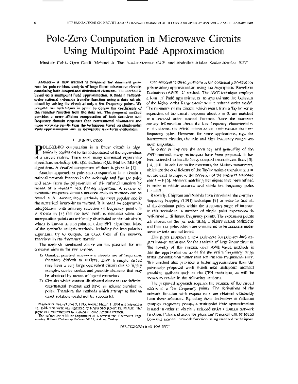 (PDF) Pole-zero computation in microwave circuits using multipoint Pade approximation