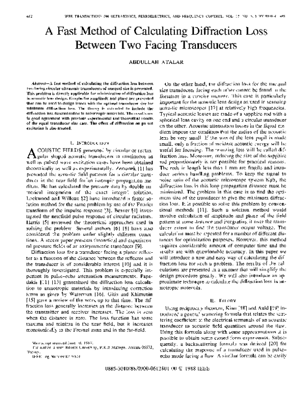 (PDF) A fast method of calculating diffraction loss between two facing transducers