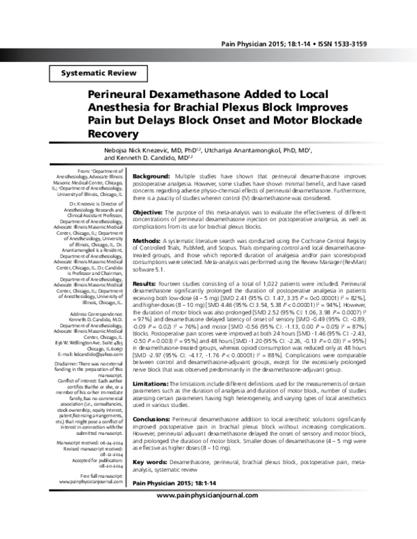 (PDF) Perineural dexamethasone added to local anesthesia for brachial ...