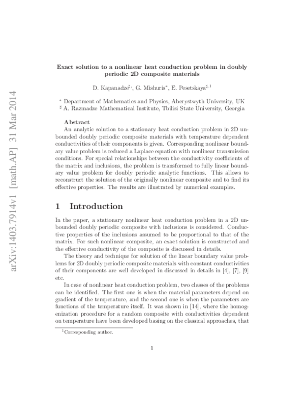 Pdf Exact Solution To A Nonlinear Heat Conduction Problem In Doubly