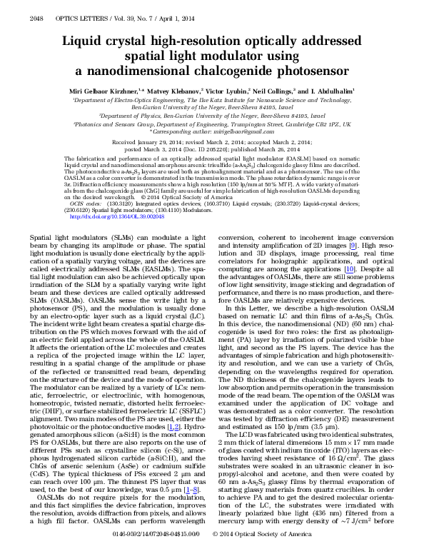 Pdf Liquid Crystal High Resolution Optically Addressed Spatial Light Modulator Using A