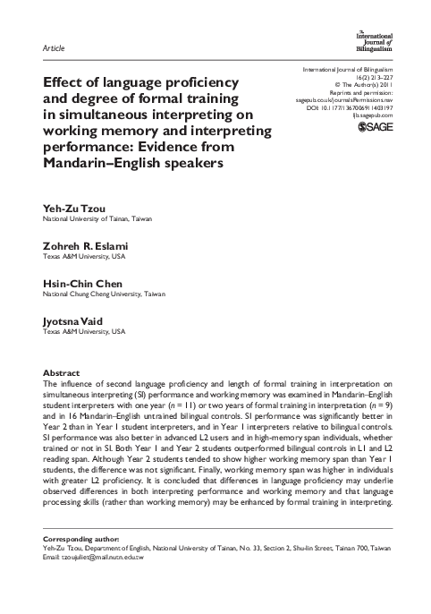 (PDF) Effect of language proficiency and degree of formal training in simultaneous interpreting ...