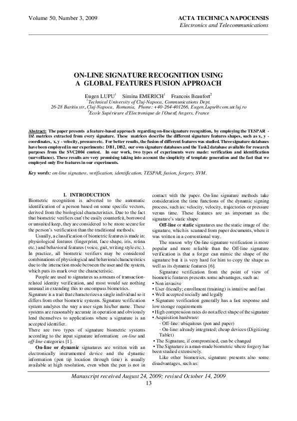 Pdf On Line Signature Recognition Using A Global Features Fusion Approach