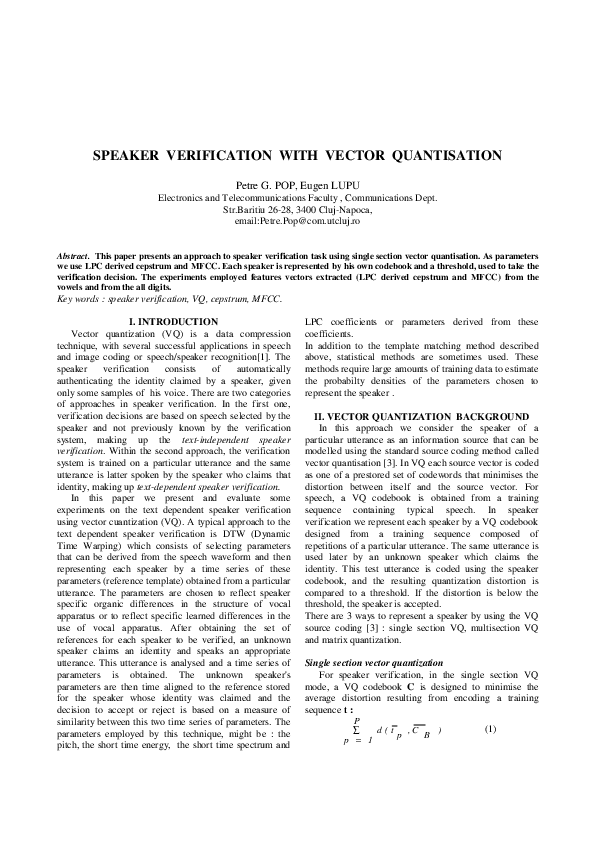 SPEAKER VERIFICATION WITH VECTOR QUANTISATION