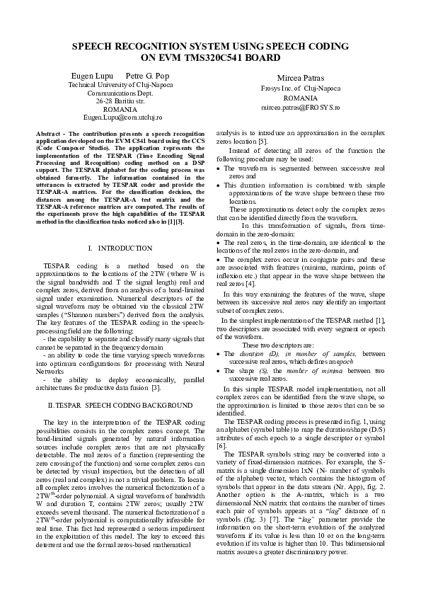 Pdf Speech Recognition System Using Speech Coding On Evm Tms320c541 Board