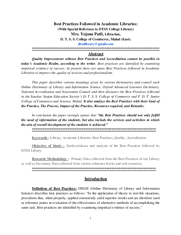 Best Practices Followed In Academic Libraries With Special Reference To Dtss College Library