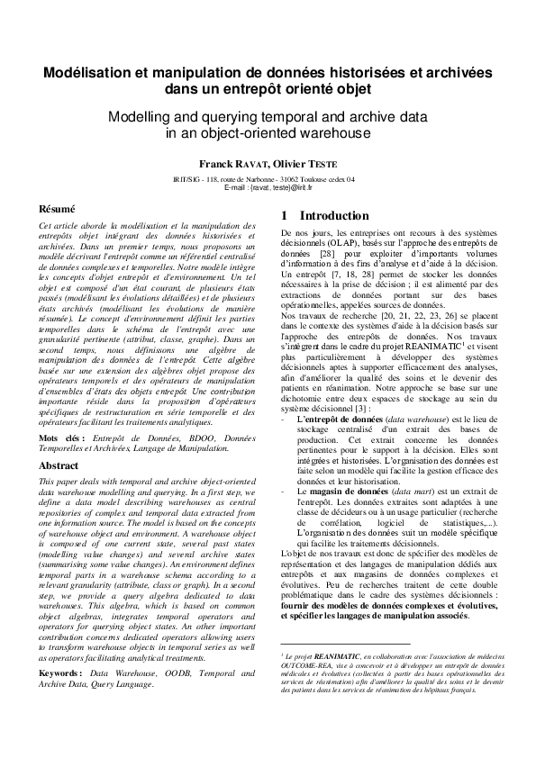 (PDF) Mod\'elisation et manipulation de donn\'ees historis\'ees et archiv\'ees dans un entrep ...