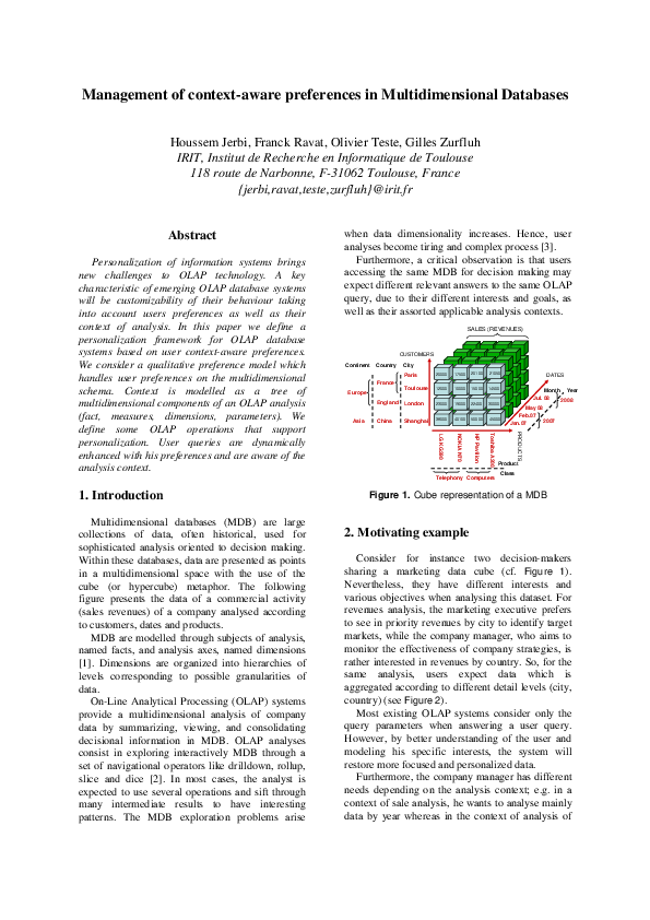 (PDF) Management of context-aware preferences in multidimensional databases
