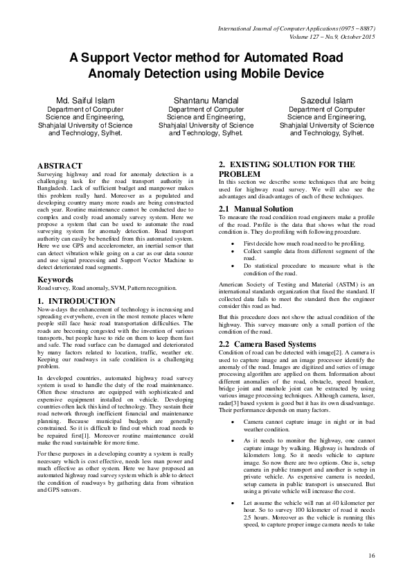 Pdf A Support Vector Method For Automated Road Anomaly Detection Using Mobile Device