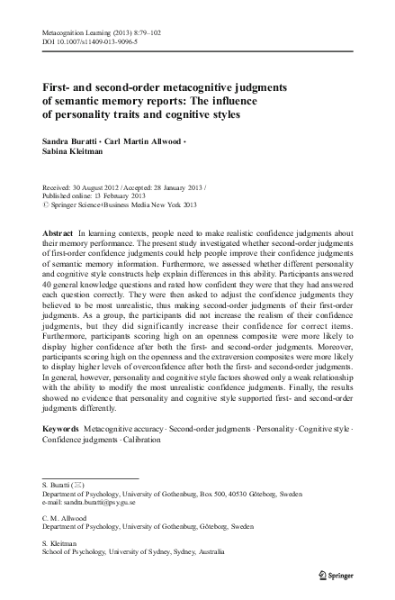 Pdf First And Second Order Metacognitive Judgments Of Semantic Memory Reports The Influence