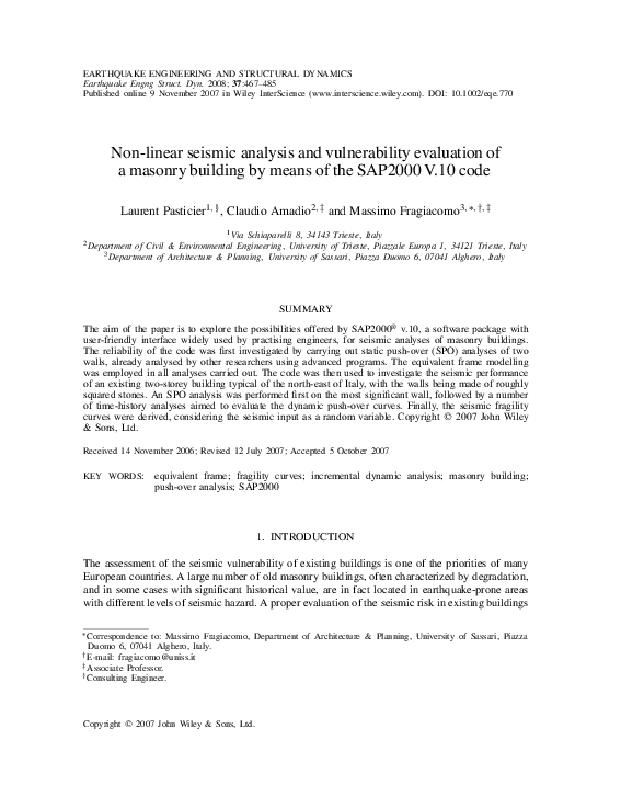 (PDF) Non-linear seismic analysis and vulnerability evaluation of a masonry building by means of ...