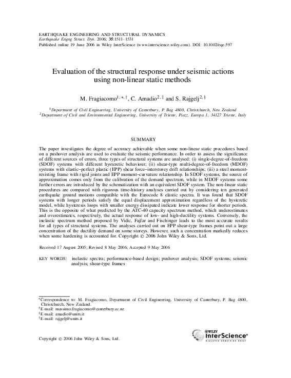 Pdf Evaluation Of The Structural Response Under Seismic Actions Using Non Linear Static Methods