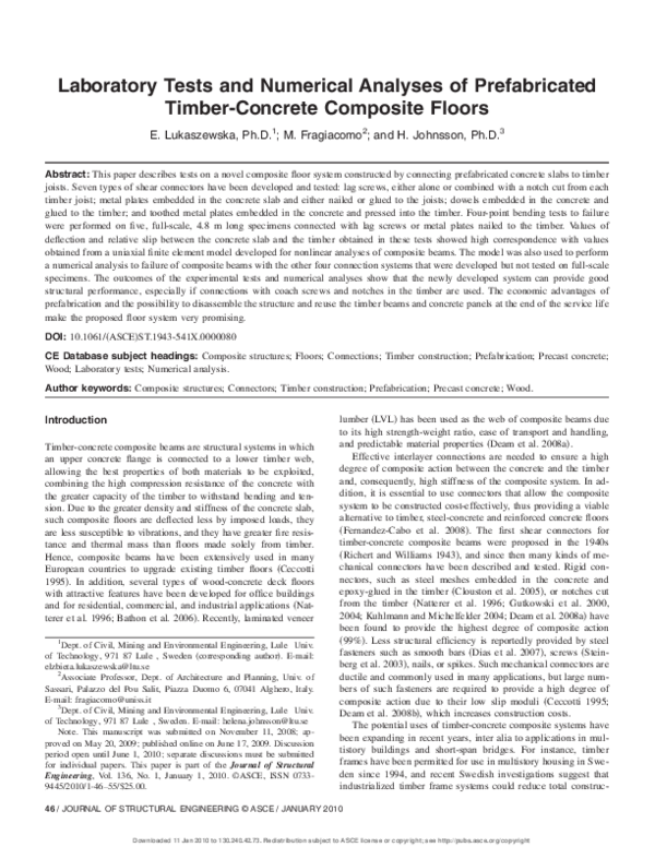 Pdf Laboratory Tests And Numerical Analyses Of Prefabricated Timber Concrete Composite Floors