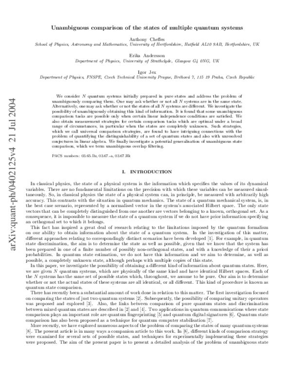 Pdf Unambiguous Comparison Of The States Of Multiple Quantum Systems