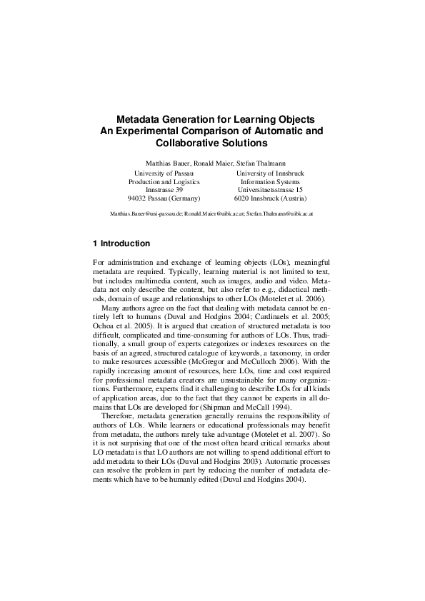 Pdf Metadata Generation For Learning Objects An Experimental Comparison Of Automatic And