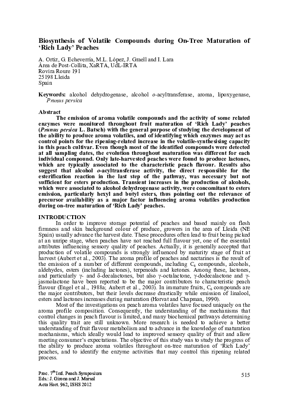 Pdf Biosynthesis Of Volatile Compounds During On Tree Maturation Of Rich Lady Peaches