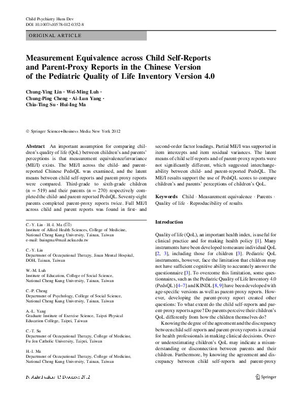 (PDF) Measurement Equivalence across Child Self-Reports and Parent-Proxy Reports in the Chinese ...