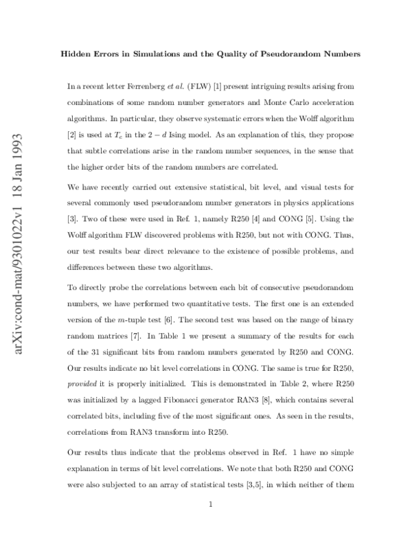 Pdf Hidden Errors In Simulations And The Quality Of Pseudorandom Numbers