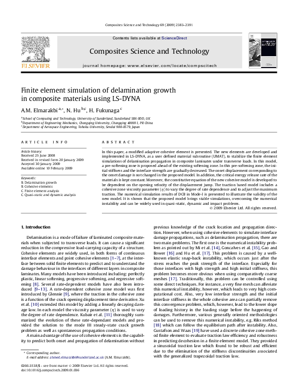 Pdf Finite Element Simulation Of Delamination Growth In Composite Materials Using Ls Dyna