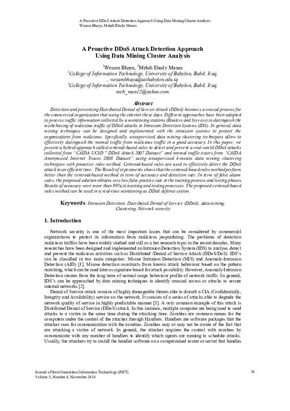 (PDF) A Proactive DDoS Attack Detection Approach Using Data Mining Cluster Analysis