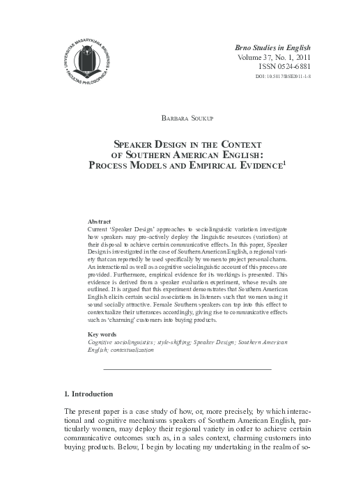 (PDF) Soukup, Barbara. 2011. Speaker Design in the context of Southern ...