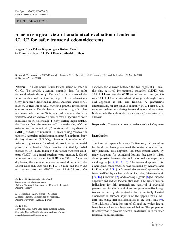 (PDF) A neurosurgical view of anatomical evaluation of anterior C1–C2 ...