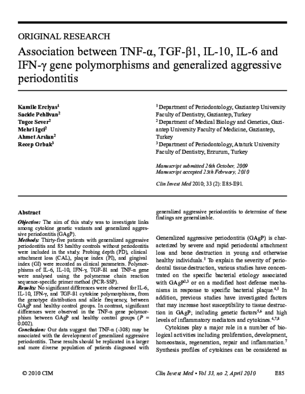 (PDF) Association between TNF-alpha, TGF-beta1, IL-10, IL-6 and IFN-gamma gene polymorphisms and ...