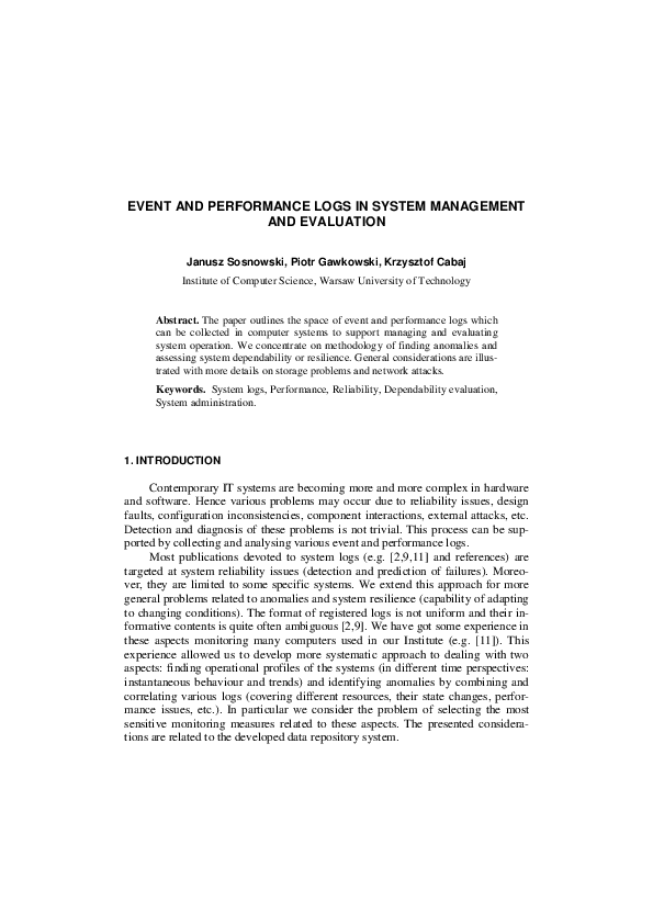 (PDF) EVENT AND PERFORMANCE LOGS IN SYSTEM MANAGEMENT AND EVALUATION