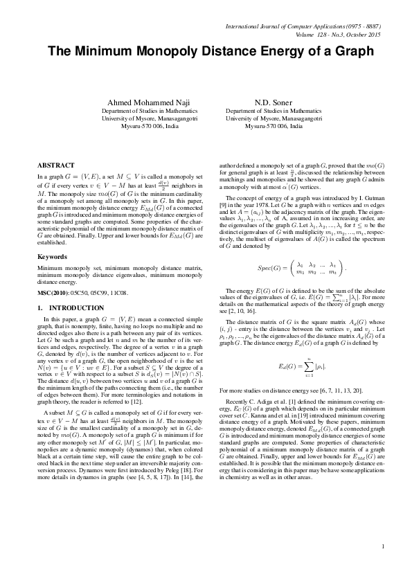(PDF) The minimum distance monopoly energy of a graph | Ahmed M Naji ...