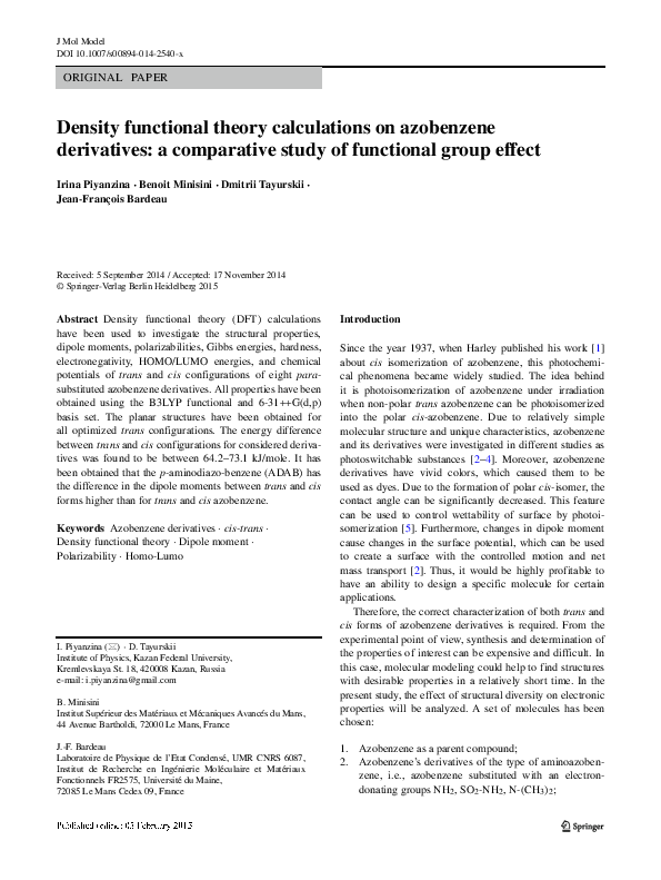 (PDF) Density functional theory calculations on azobenzene derivatives: a comparative study of ...