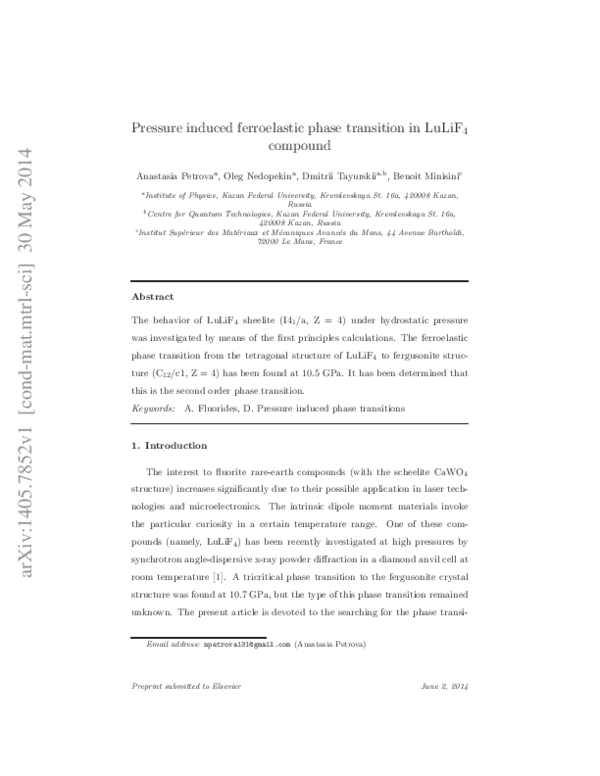 (PDF) Pressure-induced ferroelastic phase transition in LuLiF 4 compound