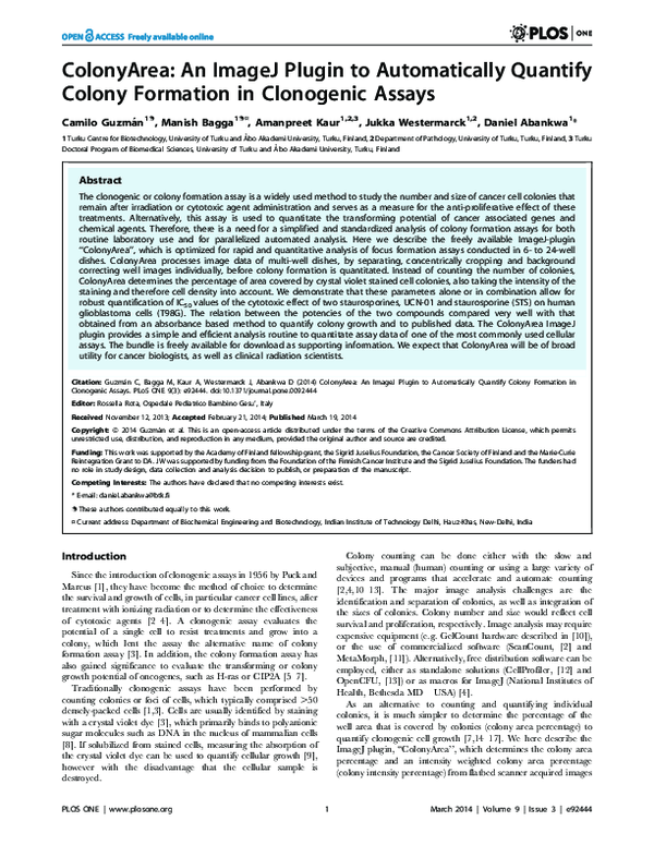 (PDF) ColonyArea: An ImageJ Plugin to Automatically Quantify Colony Formation in Clonogenic Assays