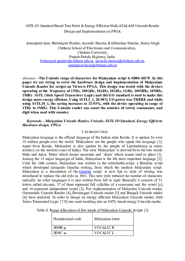 (DOC) SSTL IO Standard Based Tera Hertz & Energy Efficient MALAYALAM Unicode Reader Design and ...