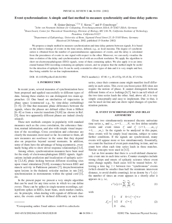 (PDF) Event synchronization: a simple and fast method to measure synchronicity and time delay ...